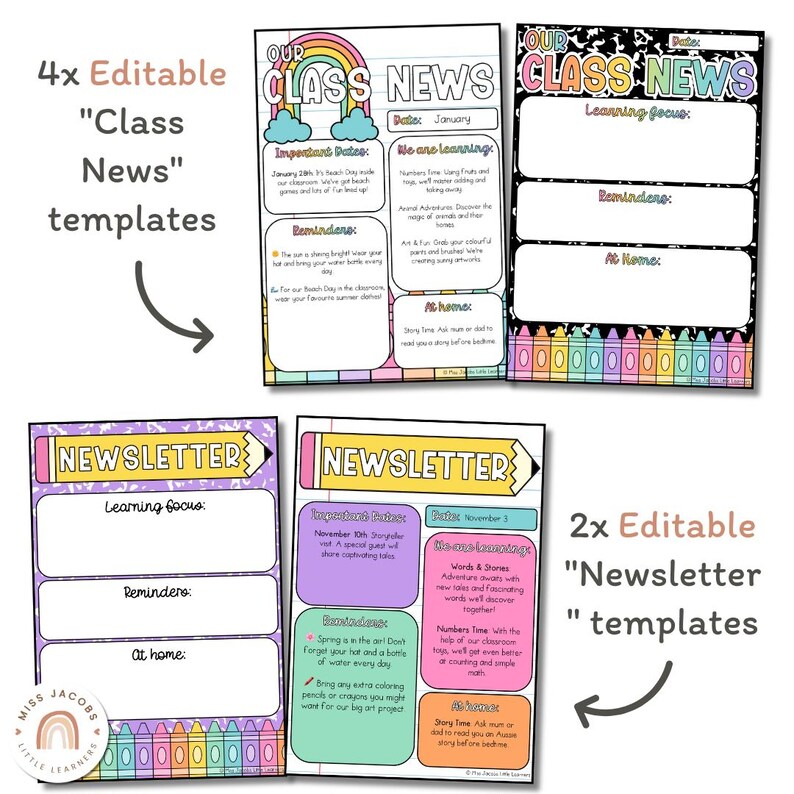 Cutesy Newsletter Templates, Editable Classroom Monthly Weekly ...