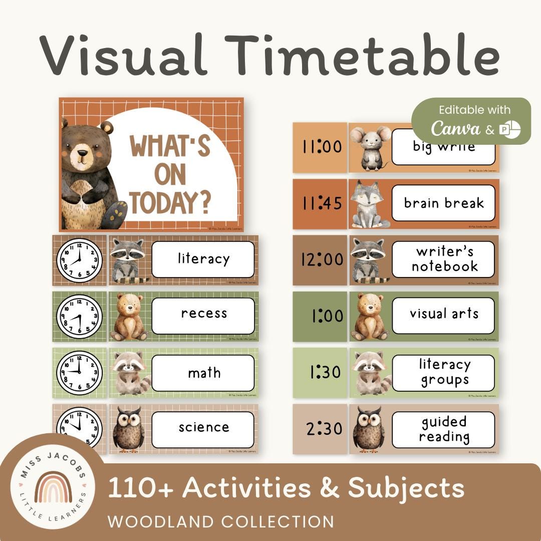 Woodland Visual Classroom Schedule, Editable Daily Timetable Cards ...