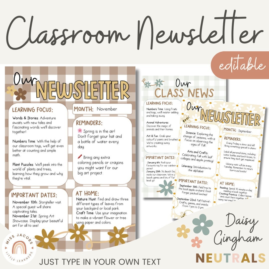 Editable Classroom Newsletter Template | Daisy Gingham Neutrals ...