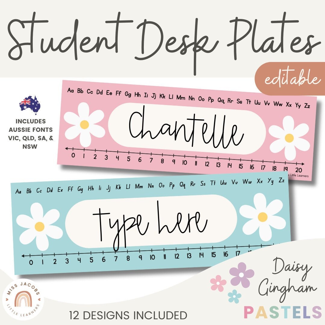 Student Desk Plates & Supply Labels | Daisy Gingham Pastels Classroom ...