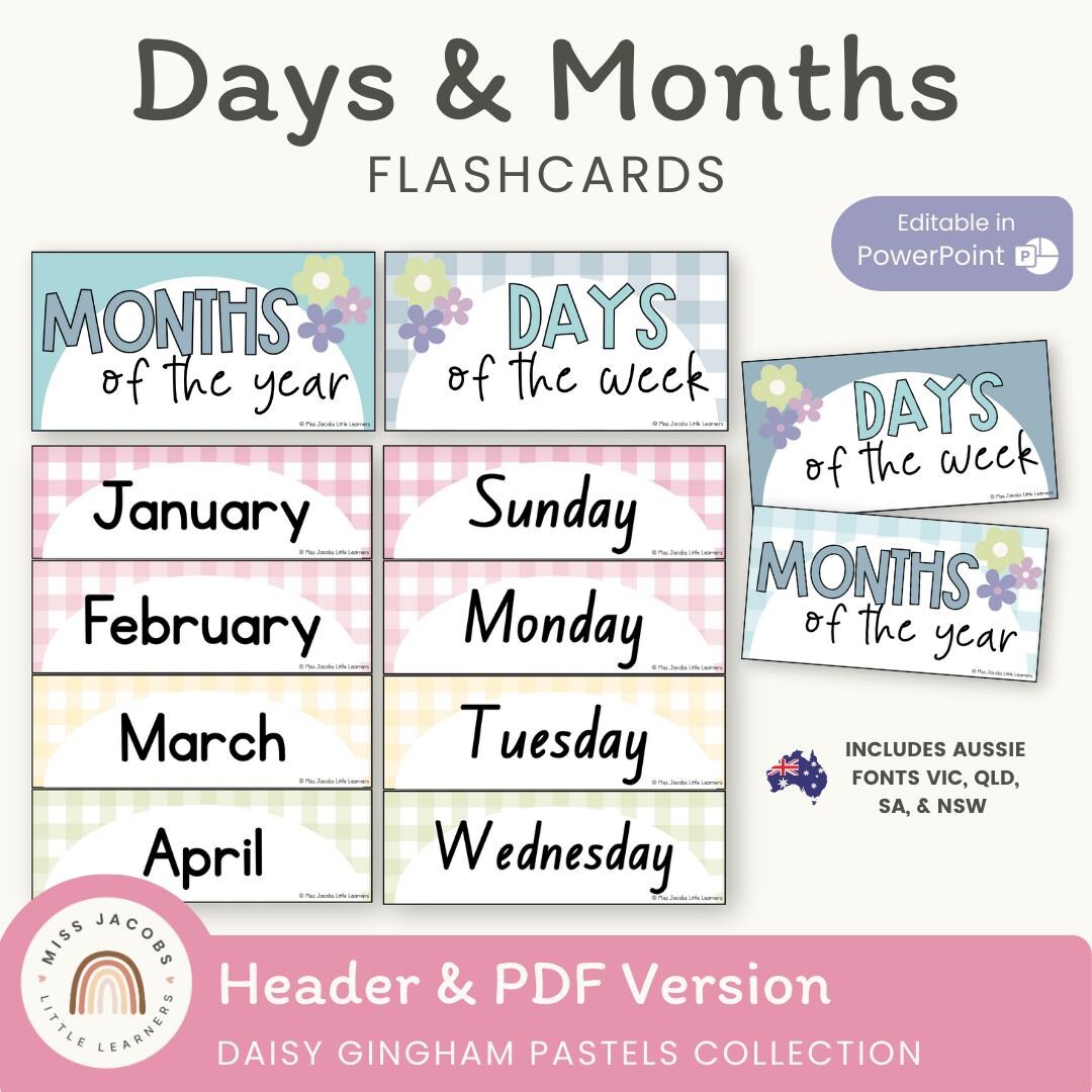 Days and Months Flashcards | Daisy Gingham Pastels Classroom Decor ...