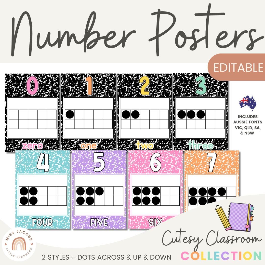 Cutesy Number Posters for Classroom, Composition Notebook Theme ...