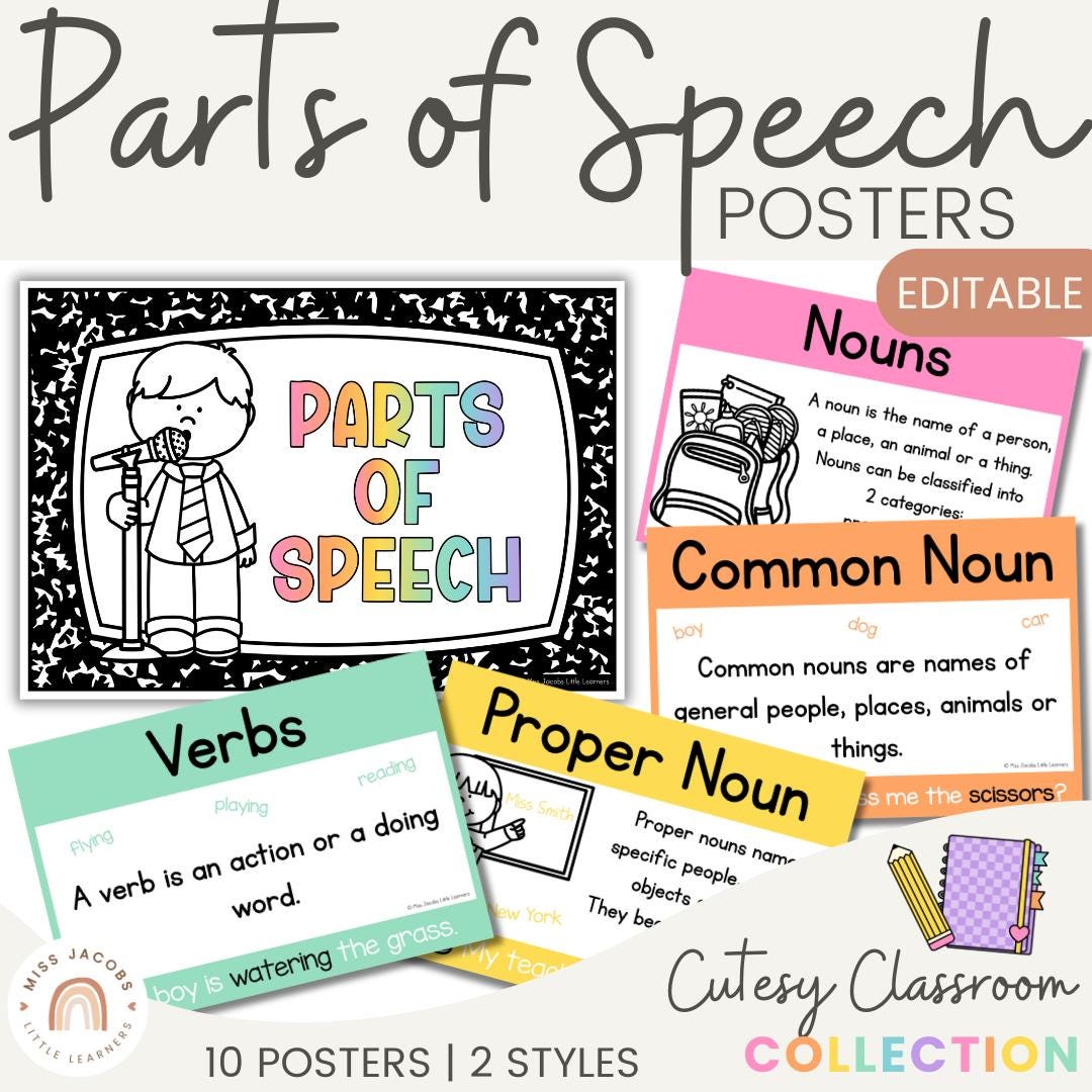 Cutesy Parts of Speech Posters, Colorful Grammar Anchor Charts ...