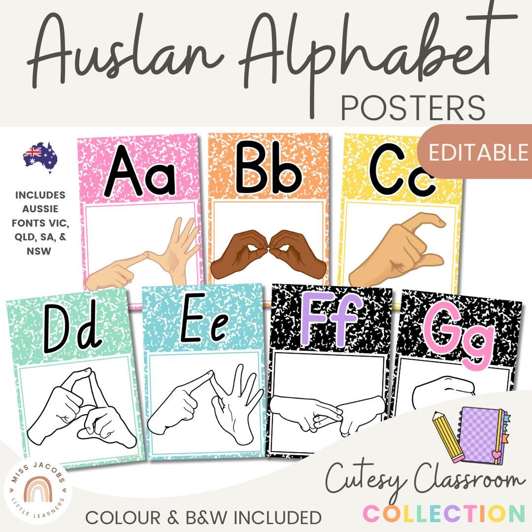 Cutesy Auslan Alphabet Posters, Printable Sign Language Chart, Bright ...