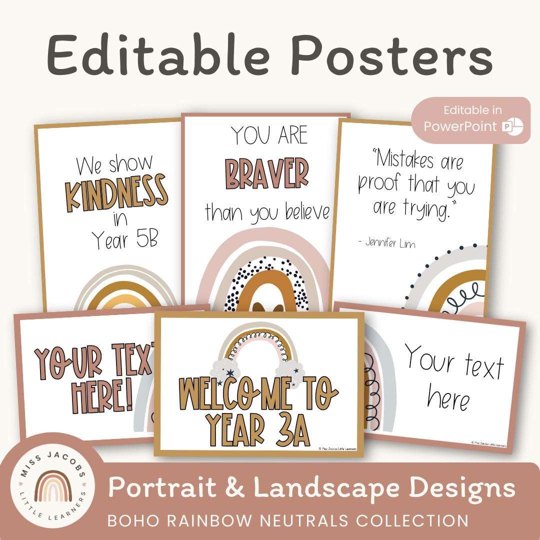 BOHO RAINBOW Editable Classroom Posters | Neutral Rainbow Classroom ...