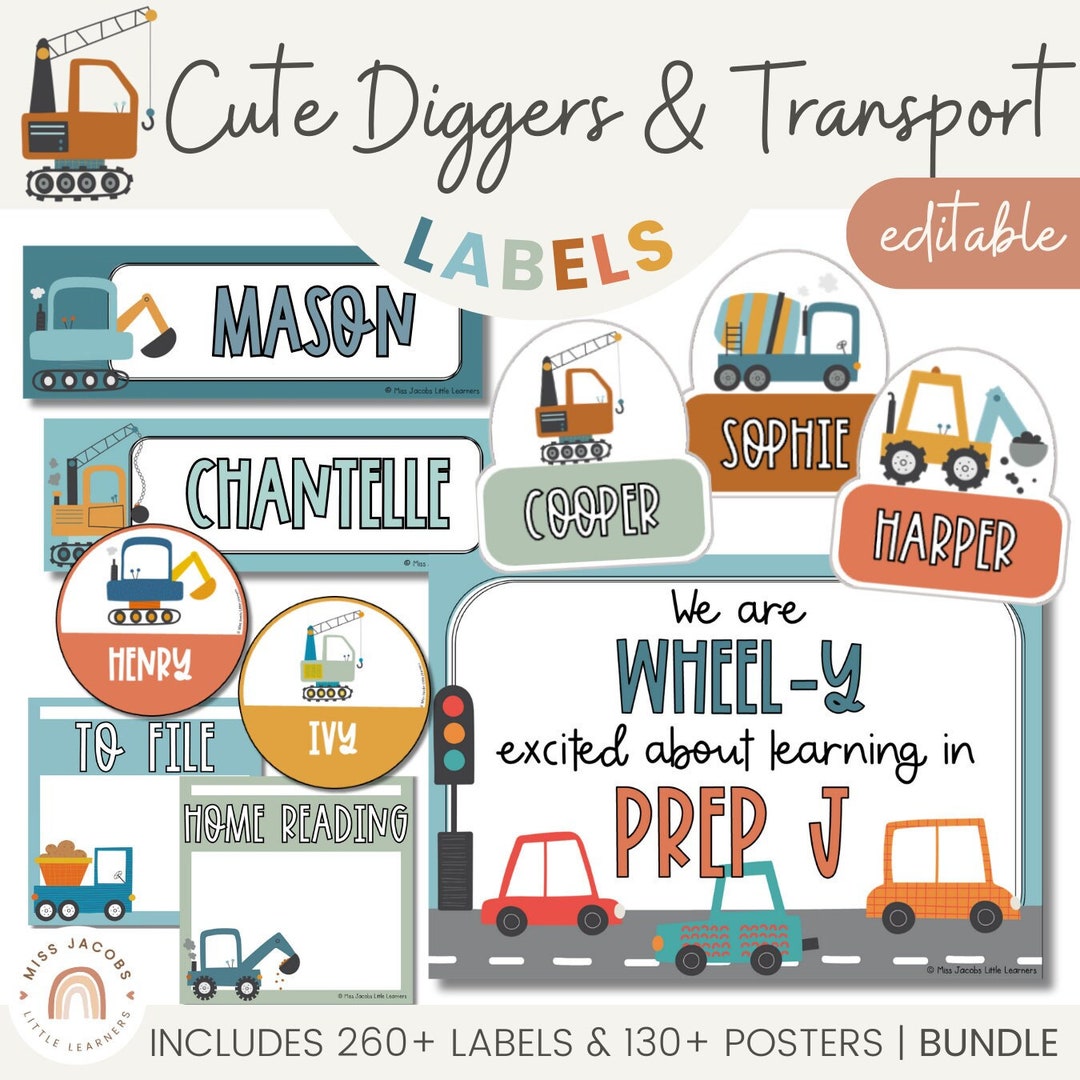 Cute Diggers and Transport Classroom Labels Bundle | Editable Student ...