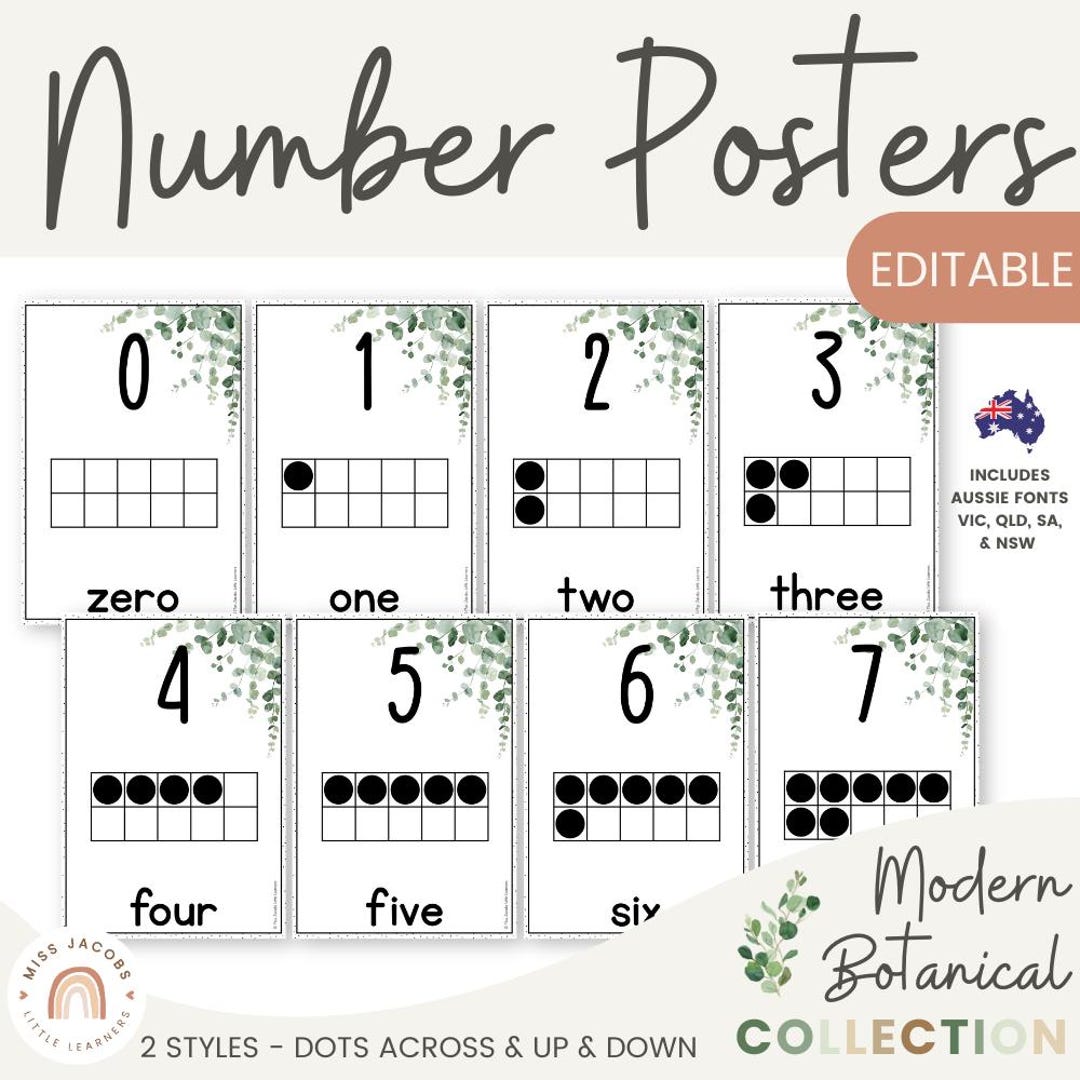 Botanical Number Posters With Ten Frames 0–100, Editable Eucalyptus ...