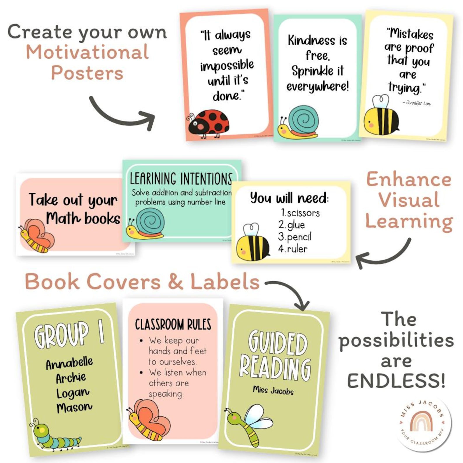 Insects Theme Classroom Decor Bundle, Editable Spring Bugs Set Teacher ...