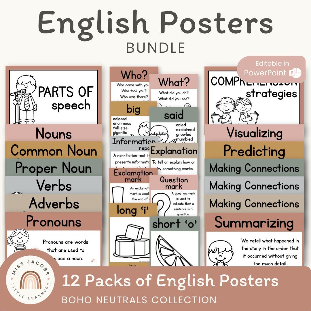 Boho English Posters BUNDLE, Modern Neutral ELA Reading and Writing ELA ...