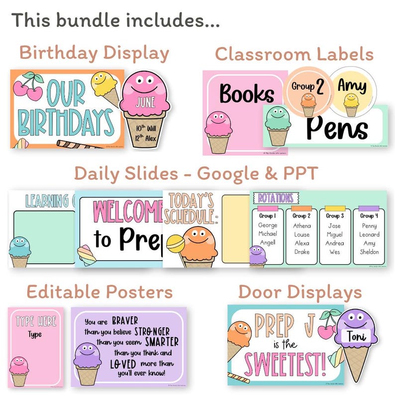 Pastel Ice Cream Classroom Decor Bundle, Editable Teacher Essentials ...