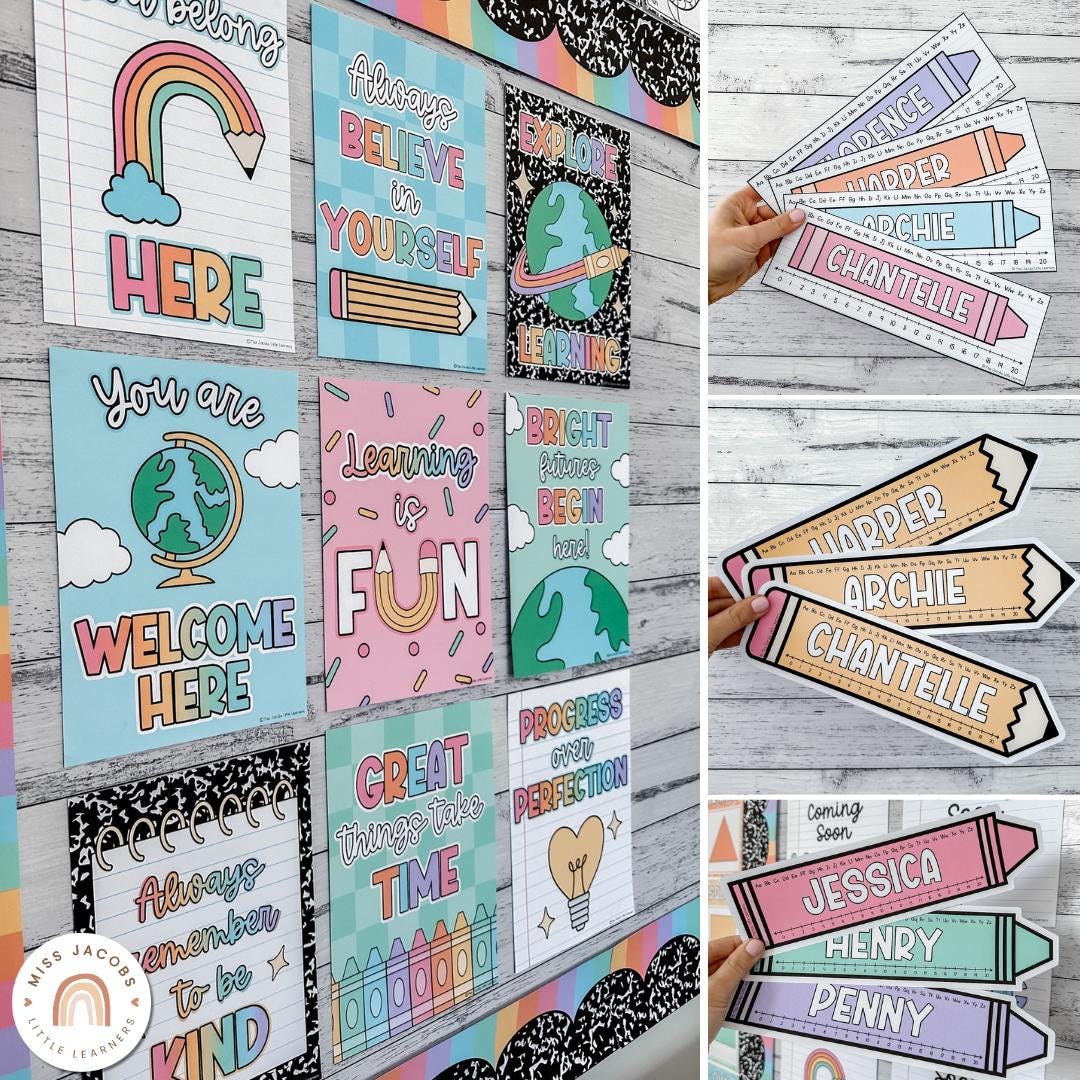 Cutesy Classroom Decor Bundle, Bright Rainbow Composition Notebook ...