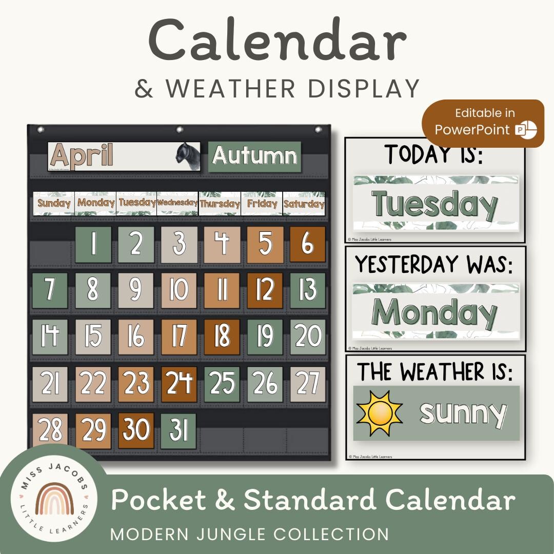Classroom Calendar | Modern Jungle | Pocket Chart and Standard Size - Etsy