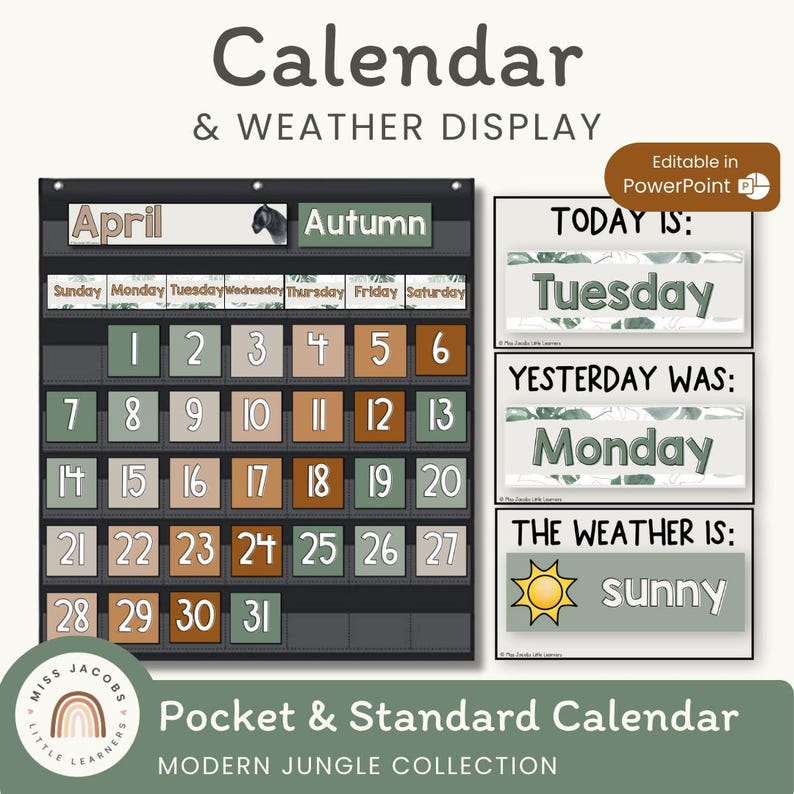 Classroom Calendar | Modern Jungle | Pocket Chart and Standard Size - Etsy