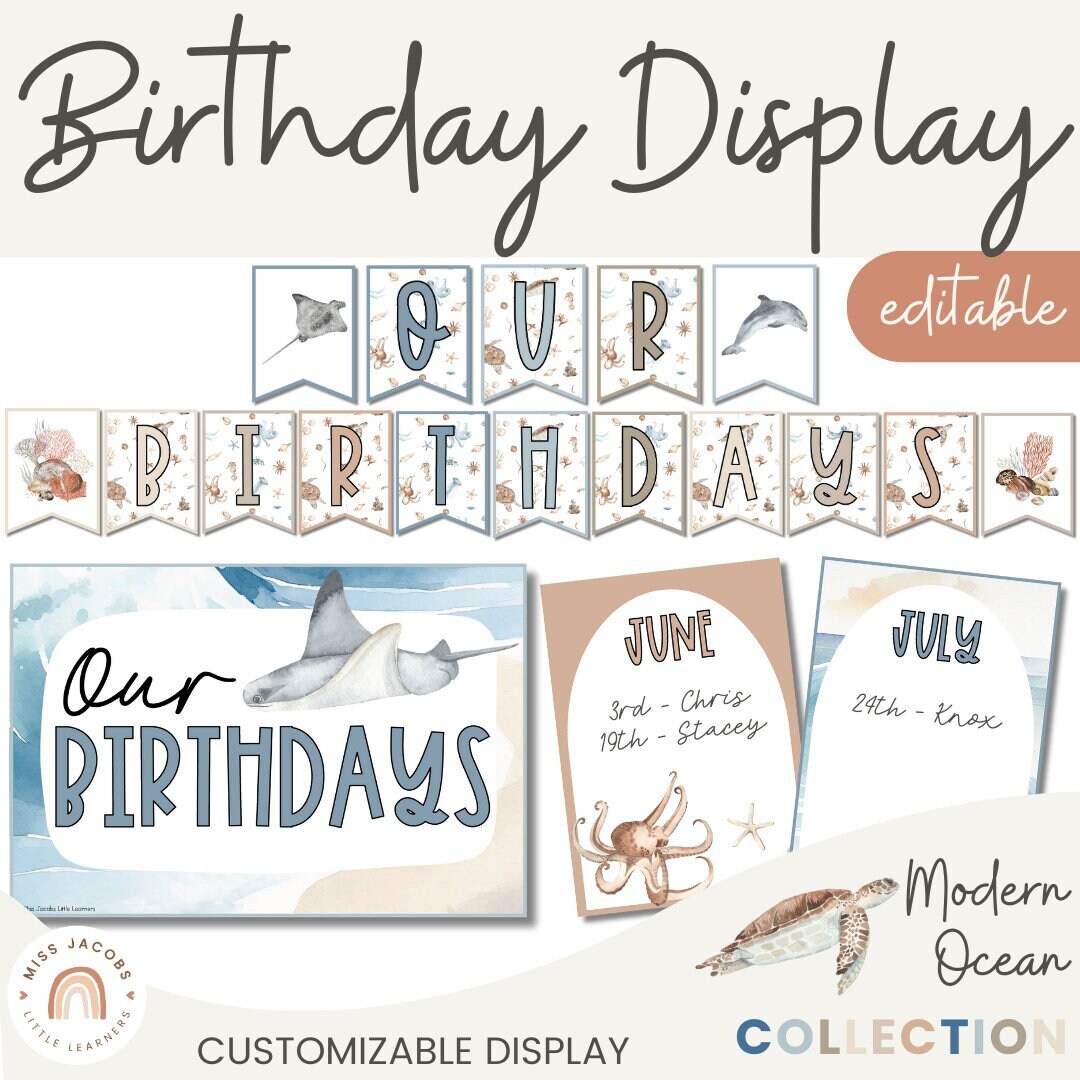 Birthday Display | Modern Ocean Classroom Decor | Editable - Etsy