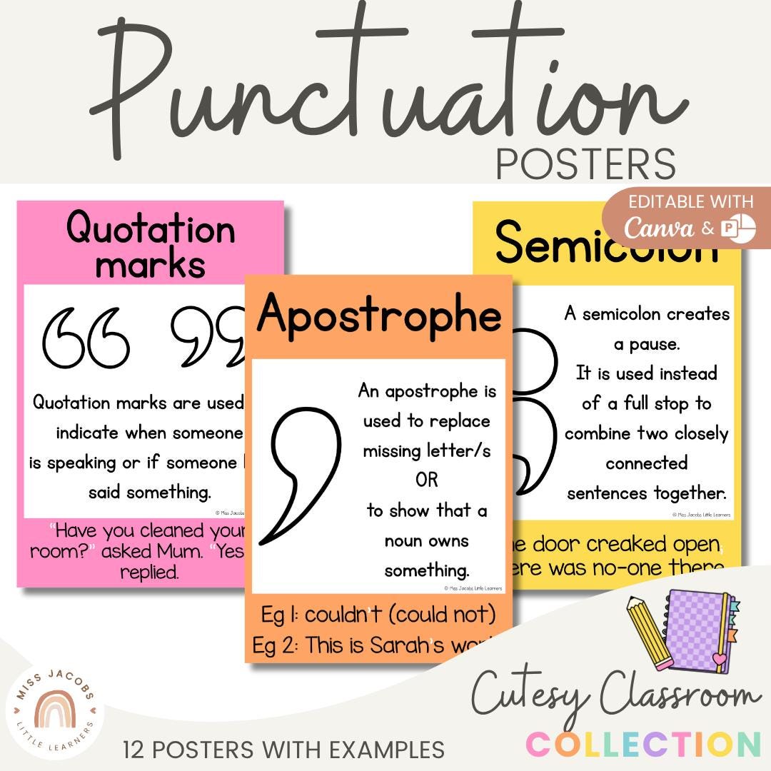 Cutesy Punctuation Posters, Printable English Anchor Charts, Editable ...