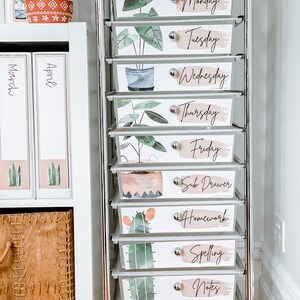 10 Drawer Cart Labels | Rustic Boho Plants Teacher Trolley Labels ...