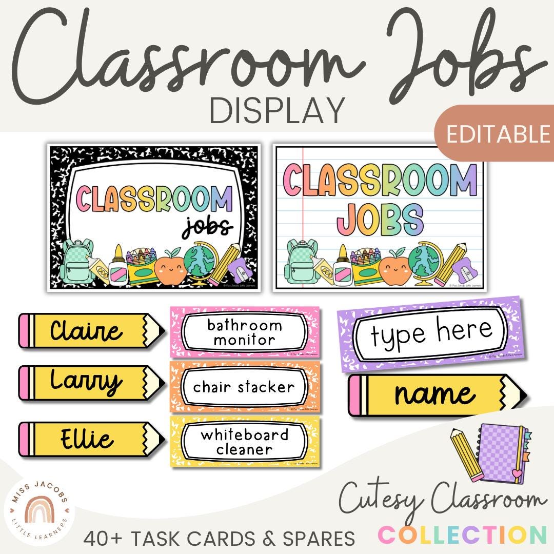 Cutesy Classroom Job Chart Composition Book Theme, Editable Class Job ...