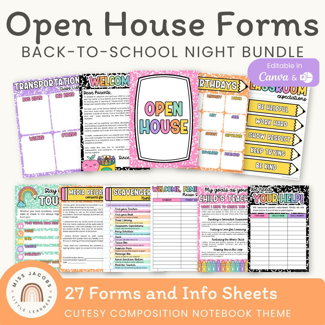 Cutesy Open House Forms Bundle, Editable Meet the Teacher Night Parent ...