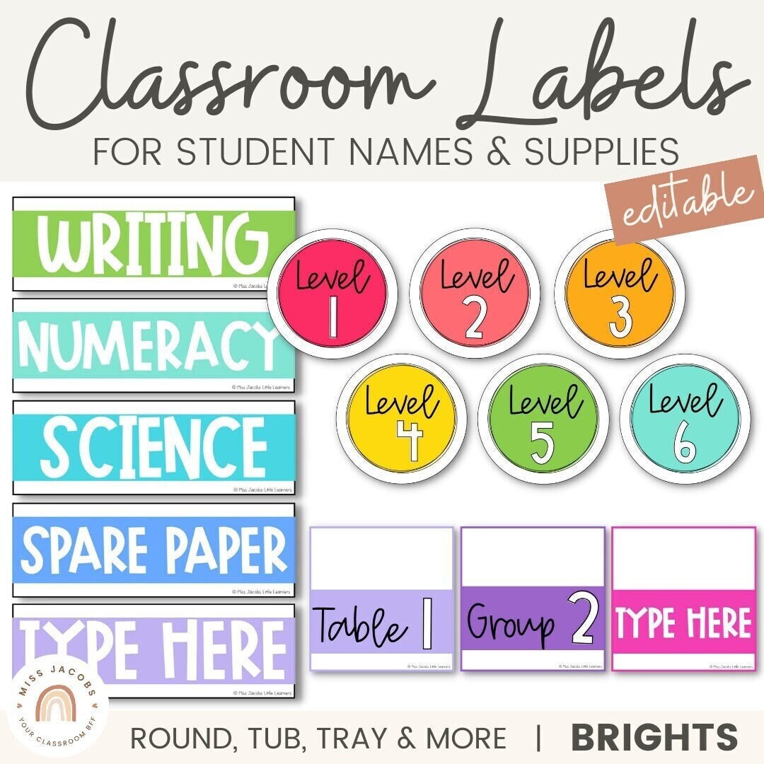 BRIGHTS Classroom Supply and Student Name Labels | Editable - Etsy