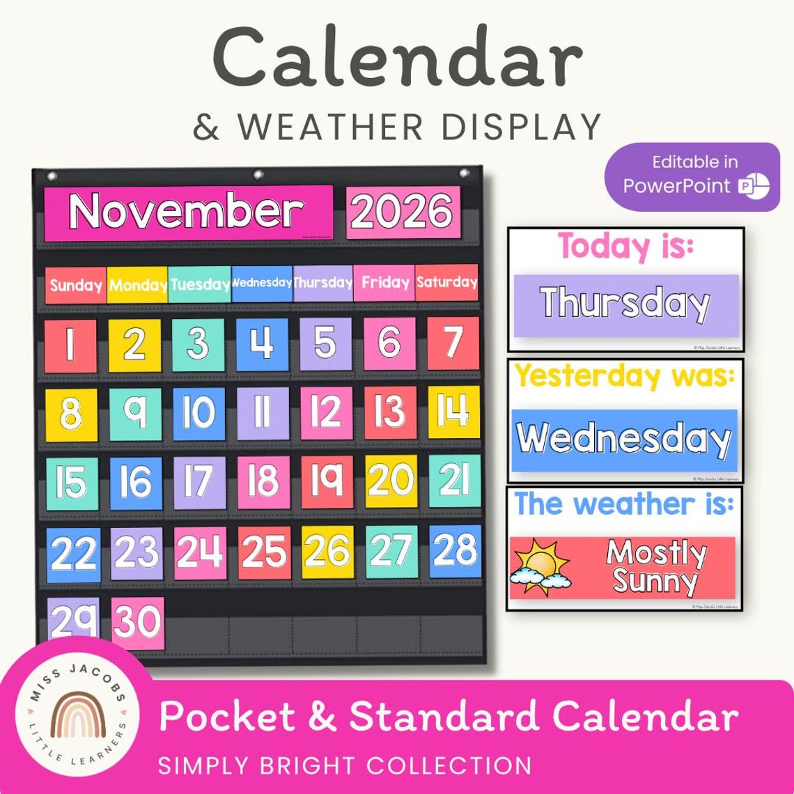 Classroom Calendar | BRIGHTS | Pocket Chart and Standard Size - Etsy