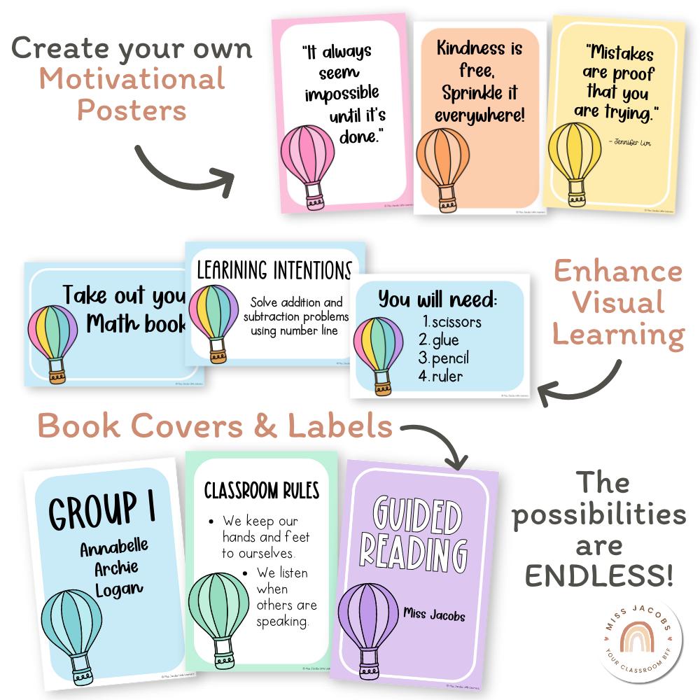 Pastel Hot Air Balloon Classroom Decor Bundle, Editable Calm Theme ...