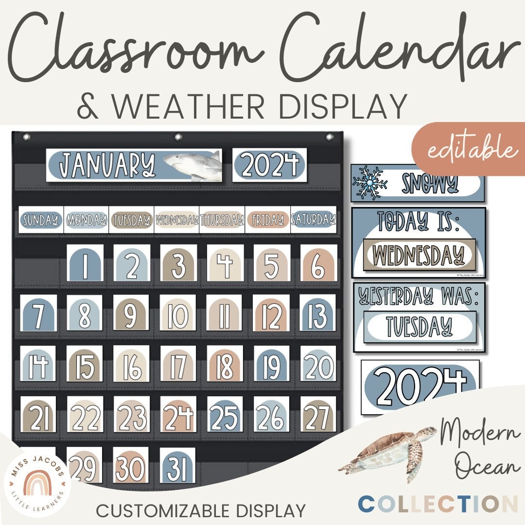 Classroom Calendar & Weather Pocket Chart Display | Modern Ocean ...