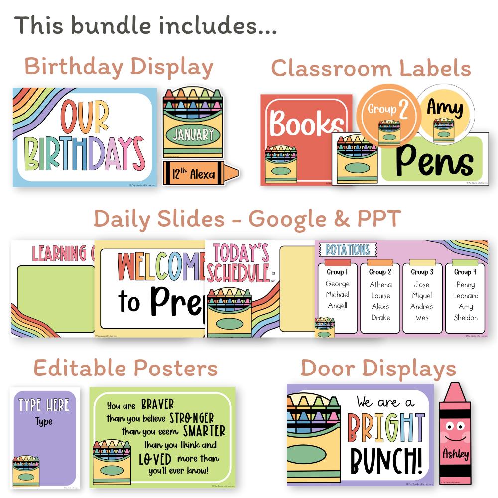 Back to School Crayon Theme Classroom Decor Essentials Pack, Editable ...
