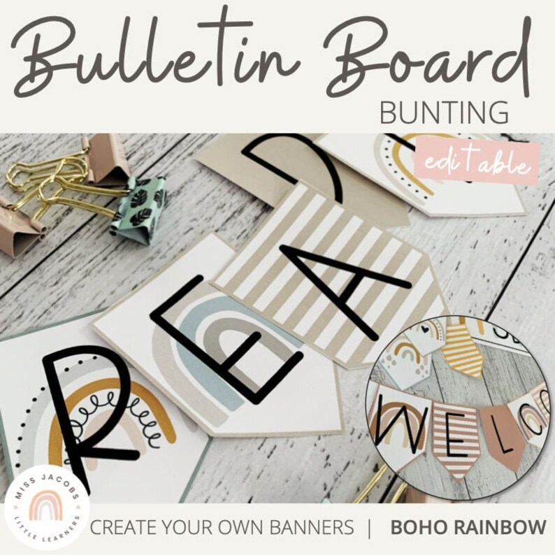 BOHO RAINBOW Bulletin Board Signage | Editable | Neutral Rainbow ...