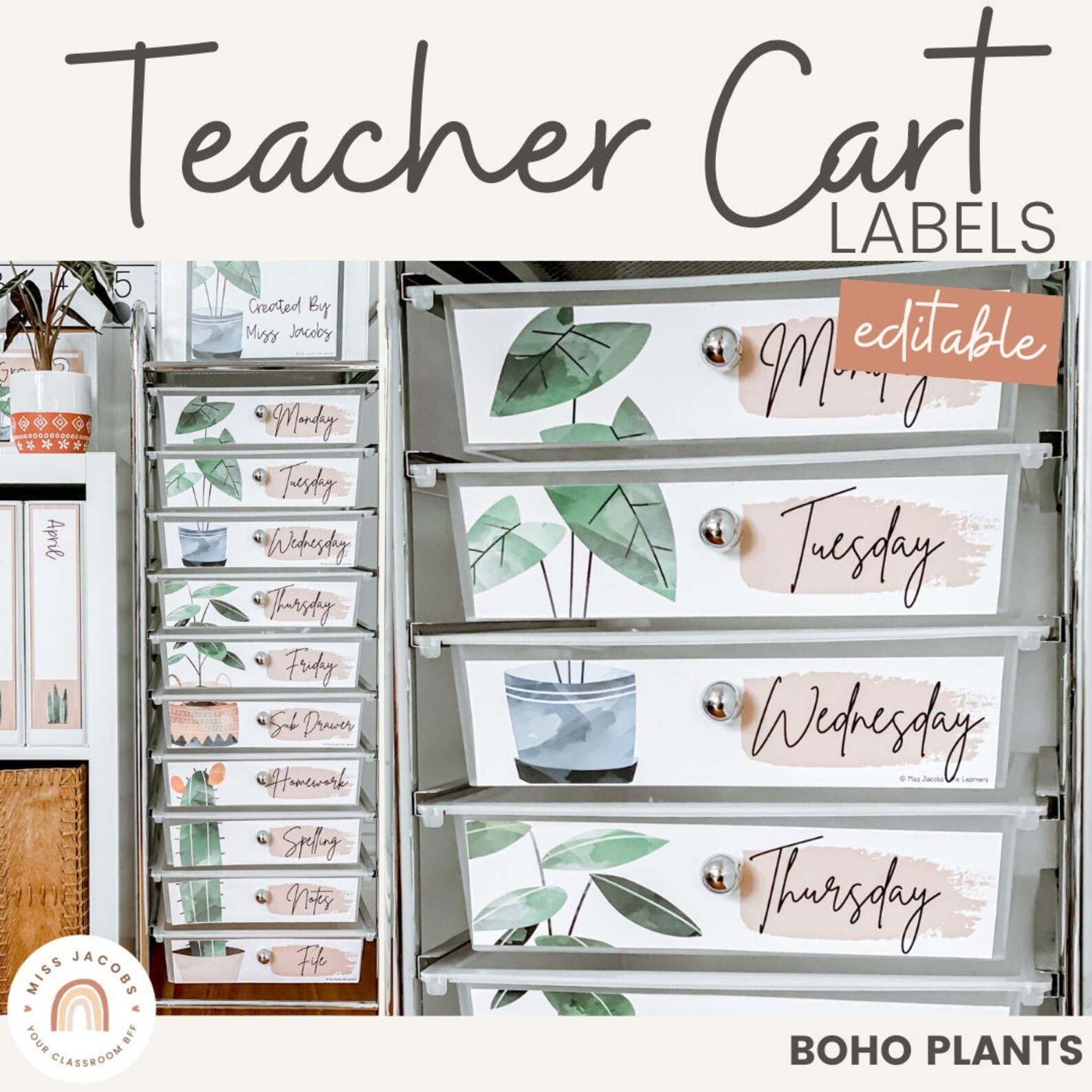 10 Drawer Cart Labels Rustic Boho Plants Teacher Trolley - Etsy
