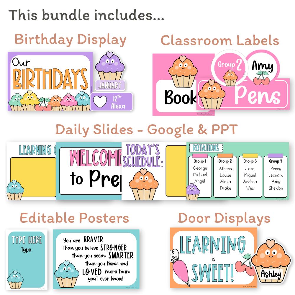 Colorful Cupcake Classroom Decor Bundle, Editable 5 Sets of Sweet Theme ...