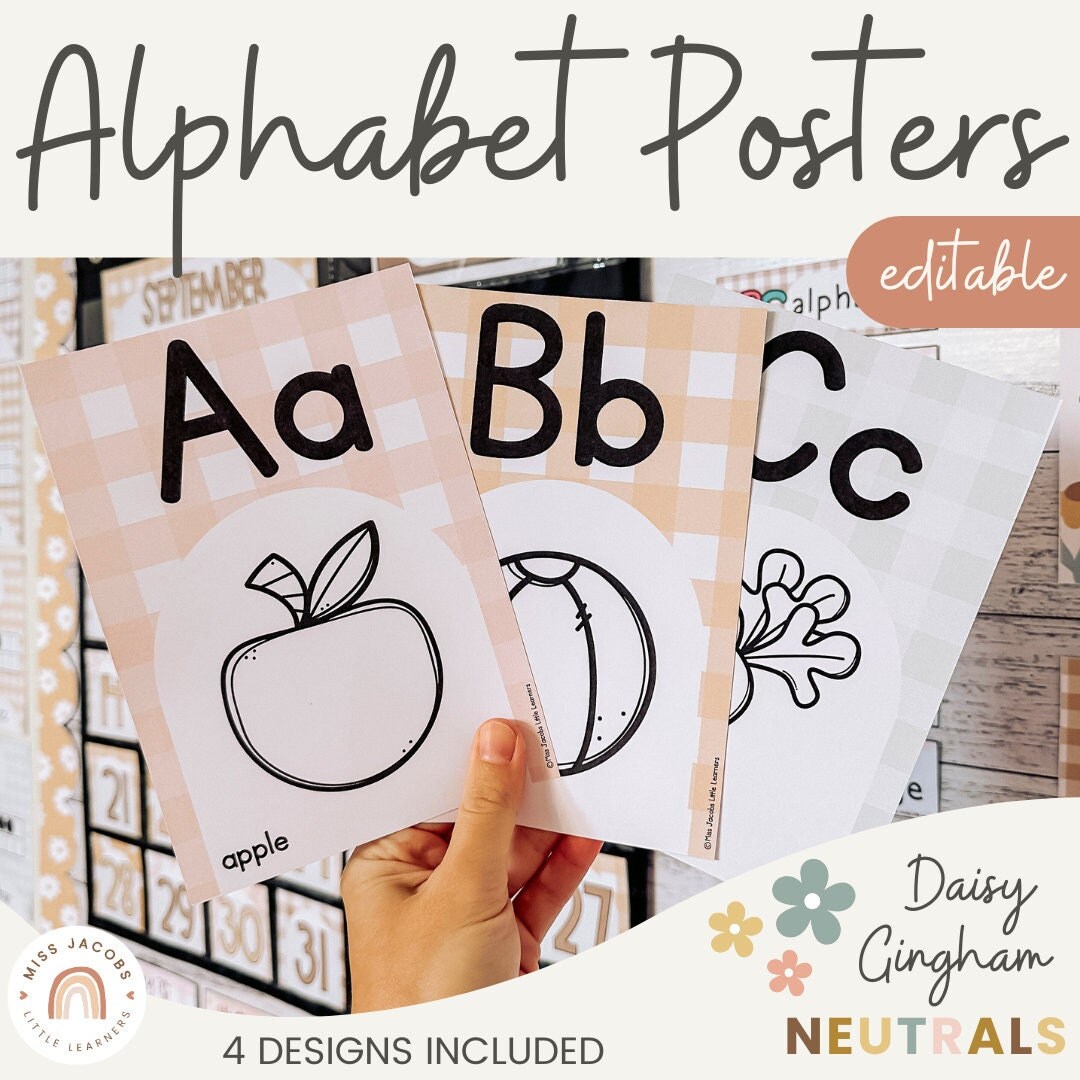 Alphabet Posters | Daisy Gingham Neutrals Classroom Decor | Editable - Etsy