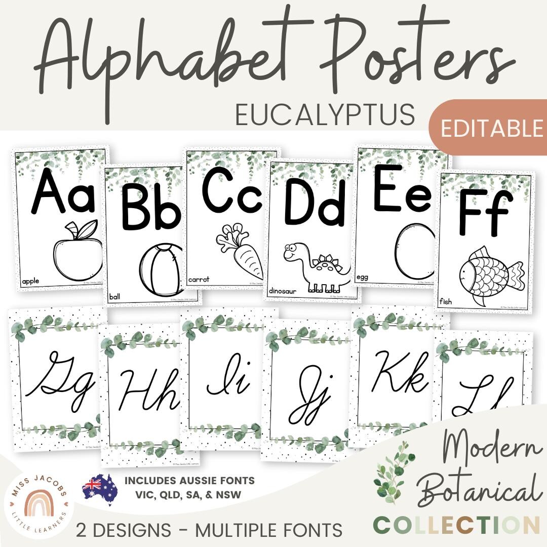 Modern Alphabet Posters, Calm Botanical ABC Wall Set, Editable Phonics ...