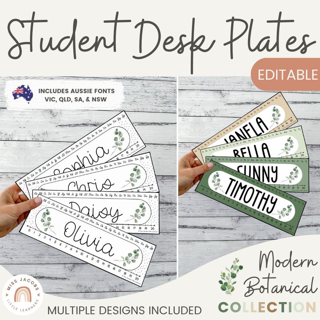 Editable Desk Name Tags With Alphabet & Number Line, Modern Botanical ...