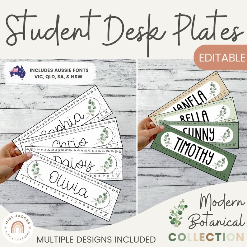Editable Desk Name Tags With Alphabet & Number Line, Modern Botanical ...