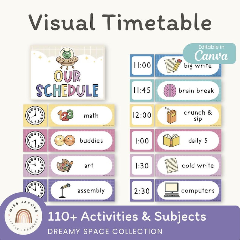 Visual Timetable Daily Schedule: Dreamy Space Theme Pastel Cards and ...