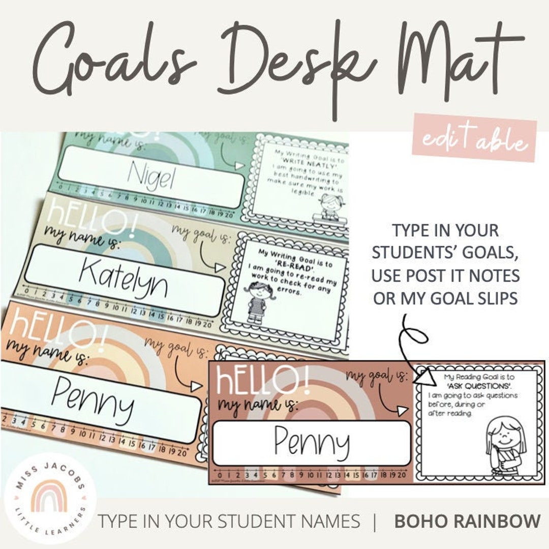 BOHO RAINBOW Goals Desk Mat | Editable | Neutral Rainbow Classroom ...
