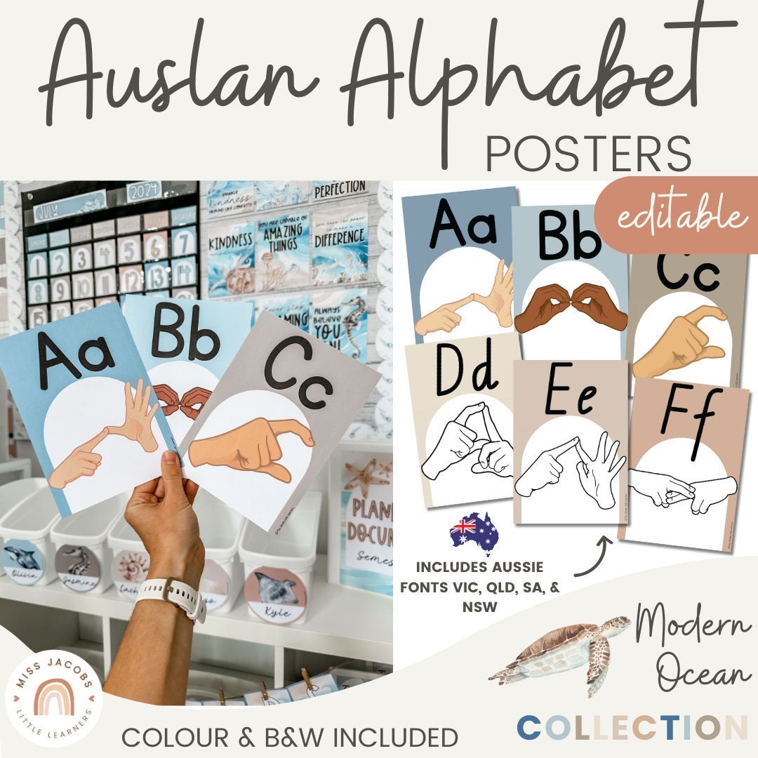 Auslan Alphabet Posters: Modern Ocean Theme Australian Fonts, Sign ...