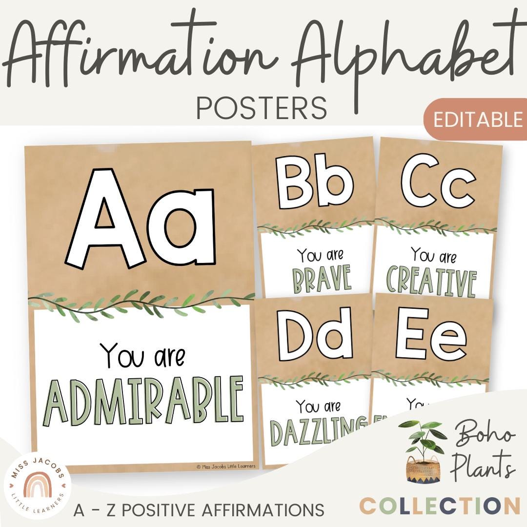 Affirmation Alphabet Posters, Boho Plants Classroom Wall Decor ...