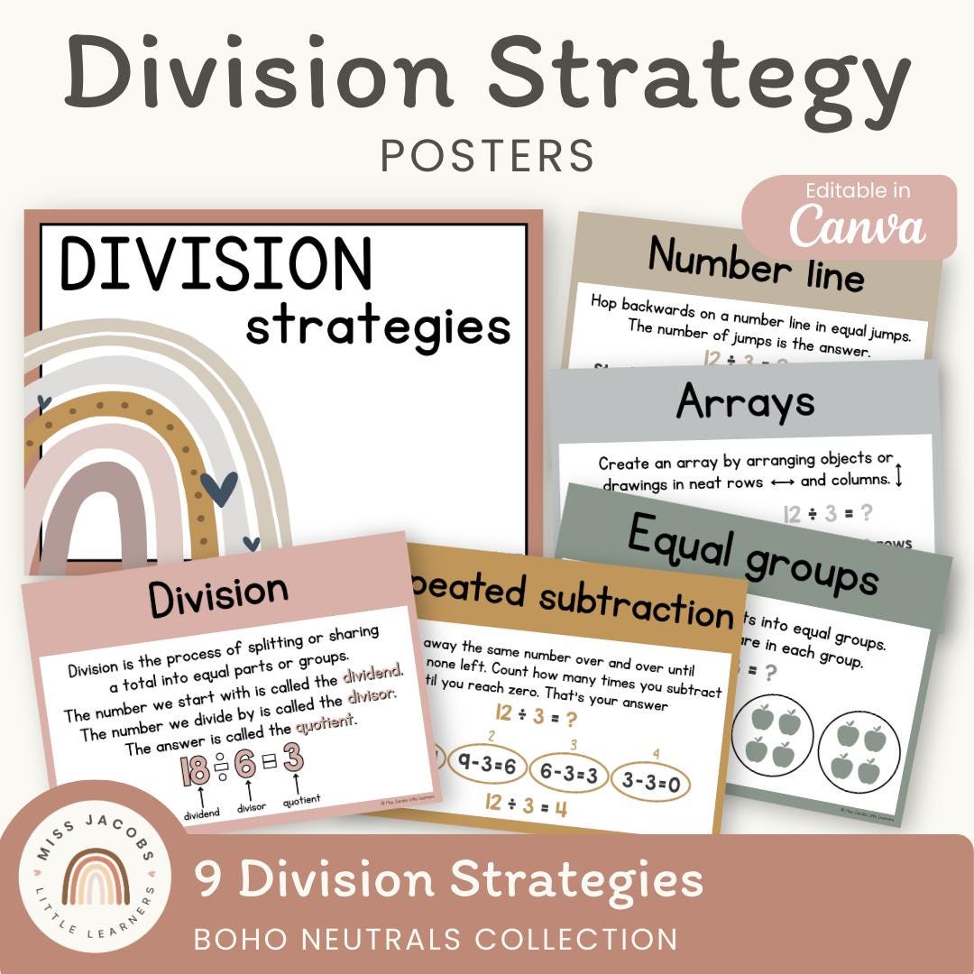 Boho Neutrals Division Strategies Posters: Math Anchor Charts Display ...