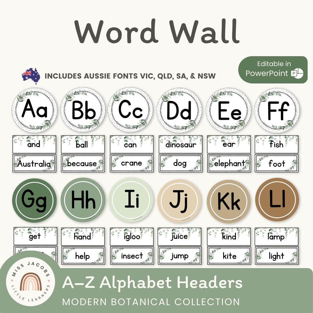 Alphabet Word Wall Botanical Template, Editable A–Z Headers & Word ...