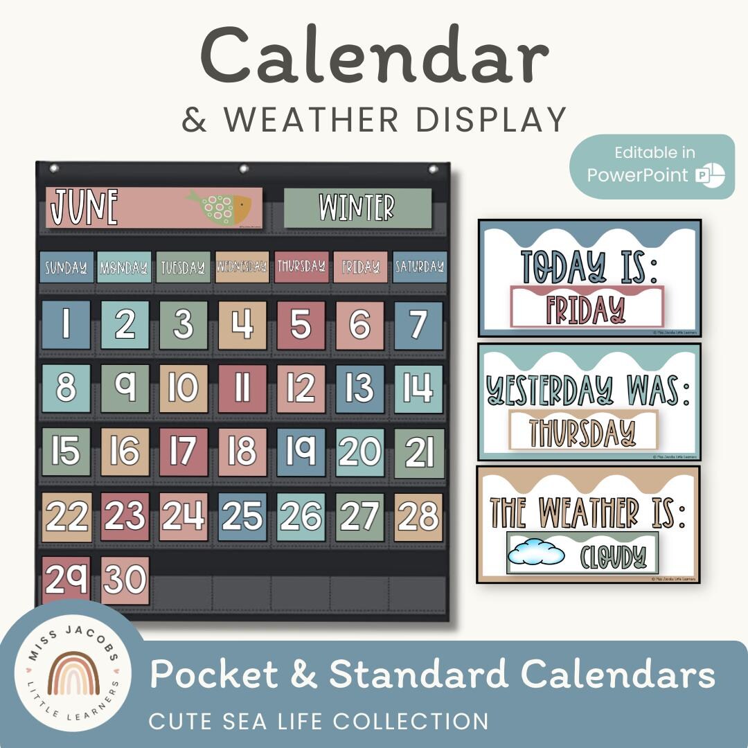 Classroom Calendar & Weather Pocket Chart Display | Cute Sea Life ...