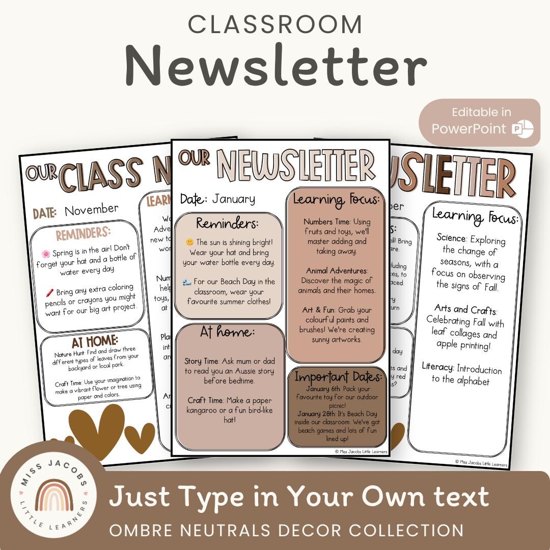 Ombre Neutral Classroom Newsletter Template: Weekly and Montly School ...