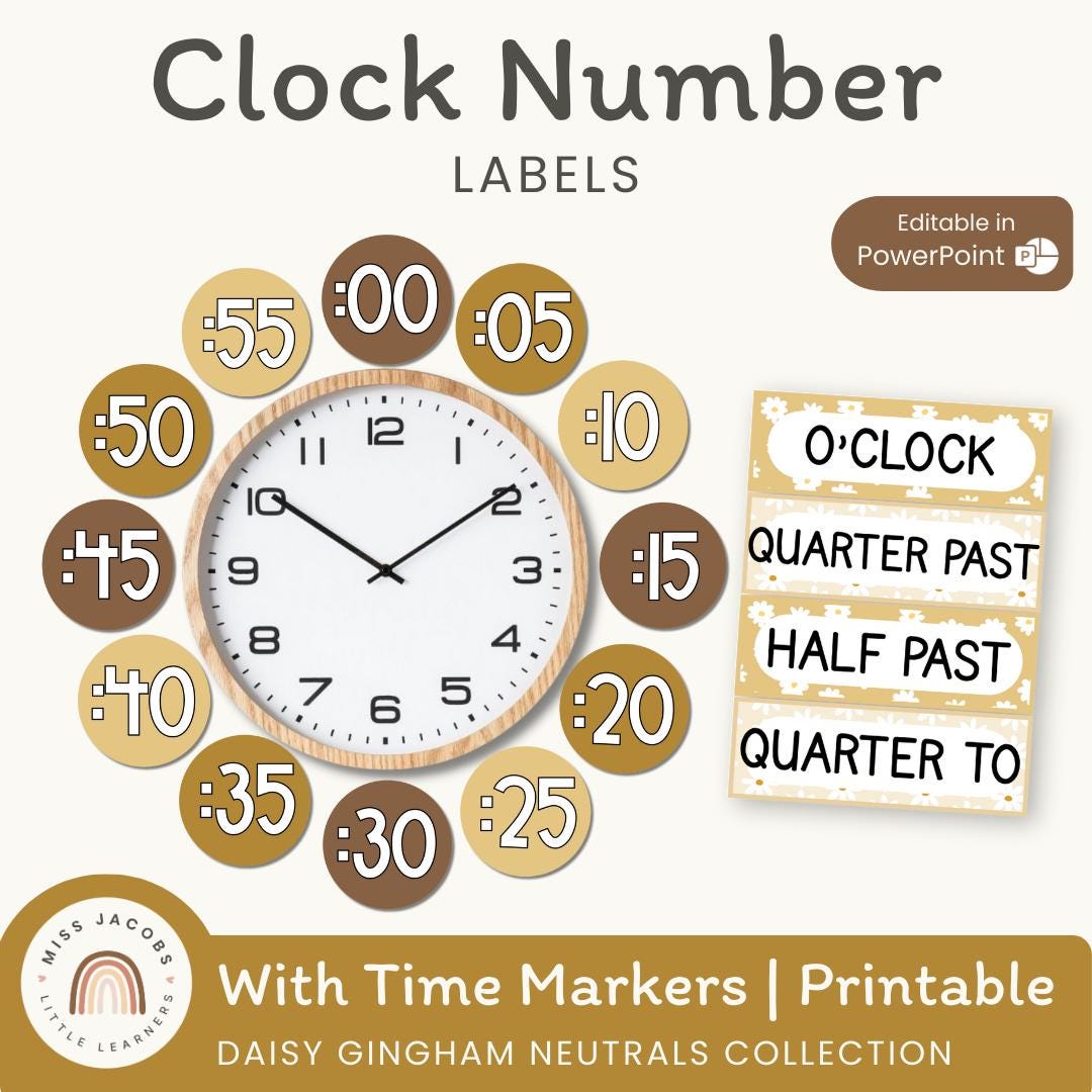 Clock Numbers | Daisy Gingham Neutrals Classroom Decor - Etsy