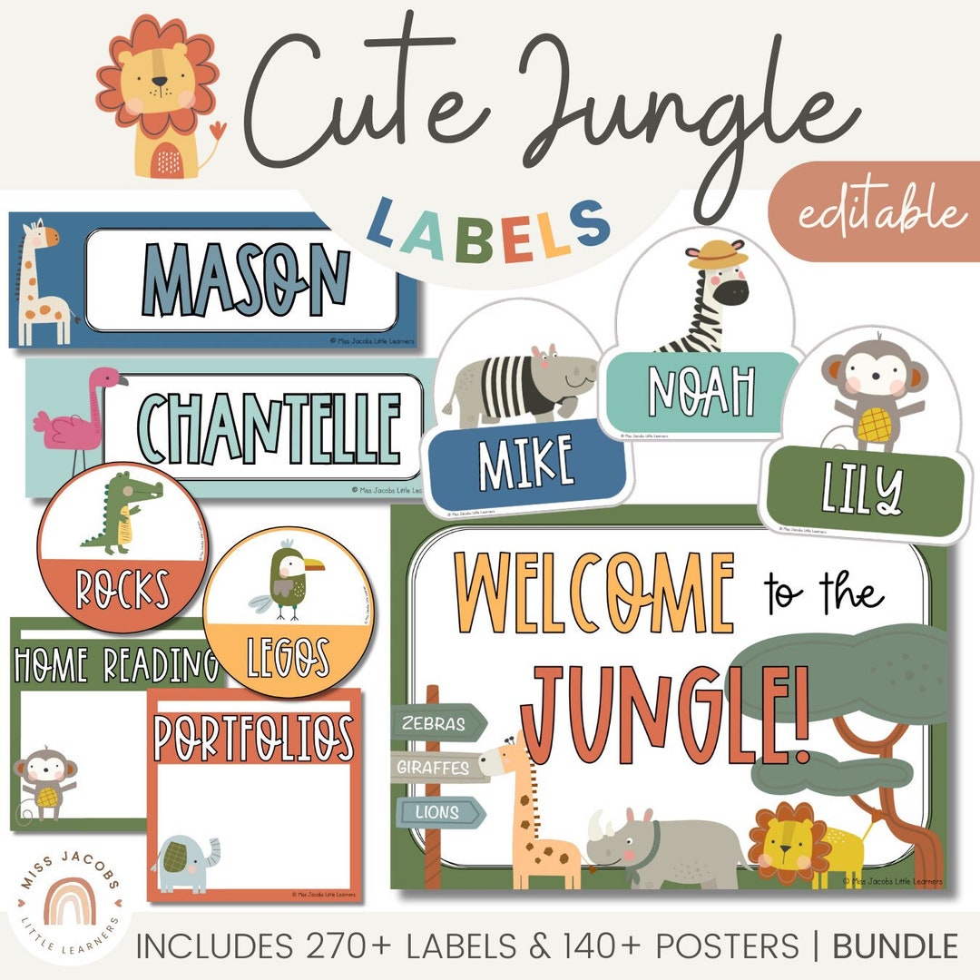Cute Jungle Animals Classroom Labels Bundle | Editable Student Name ...