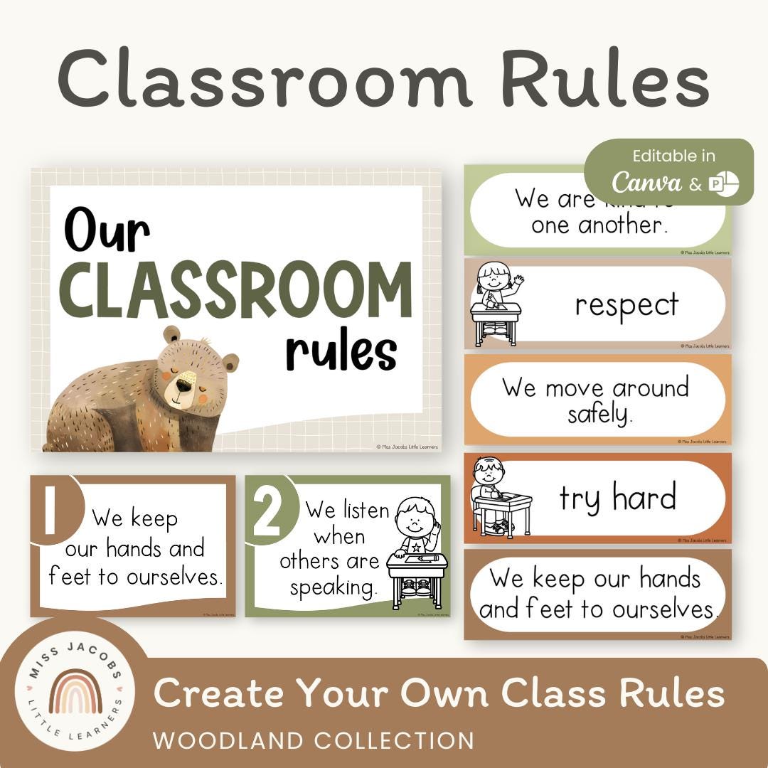 Woodland Classroom Rules Posters, Editable Student Expectations Signs ...