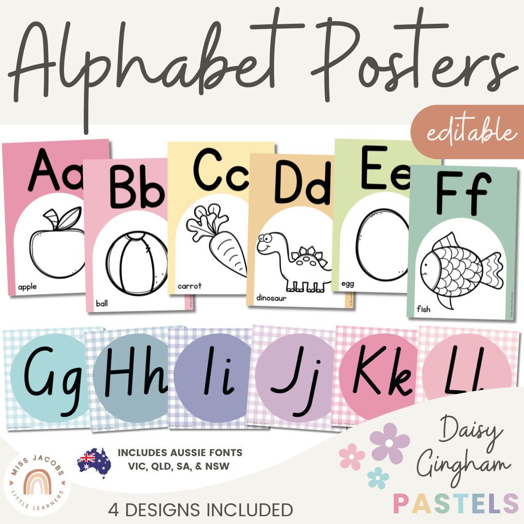 Alphabet Posters | Daisy Gingham Pastels Classroom Decor | Editable - Etsy
