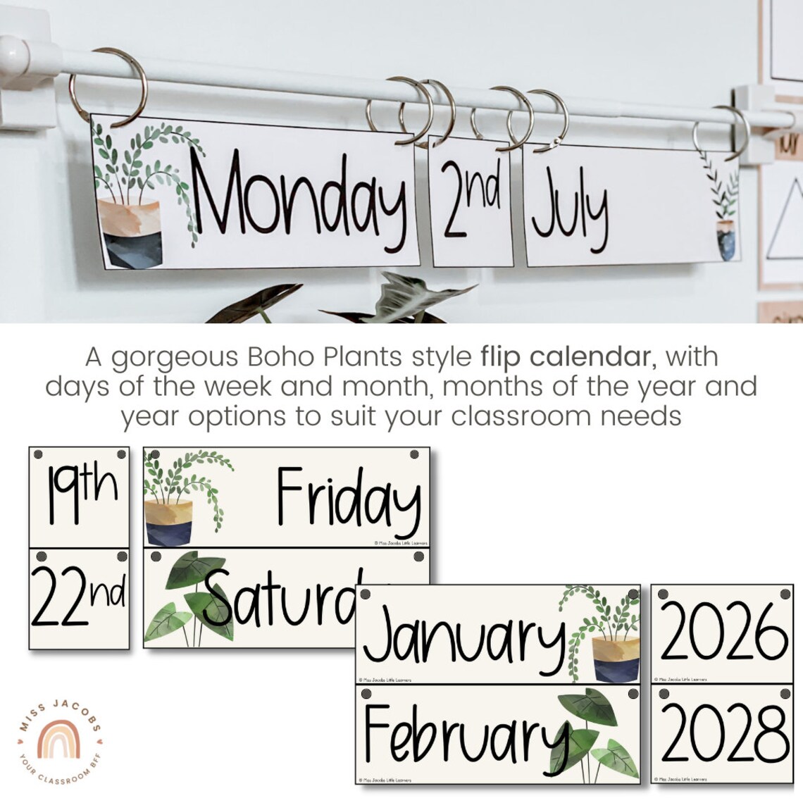 Flip Calendar Modern Boho Plants Rustic Classroom Decor - Etsy