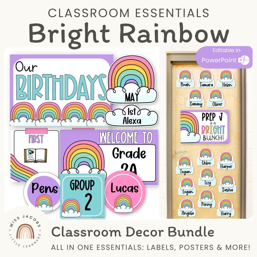 Bright Rainbow Theme Classroom Decor Bundle, Editable Elementary ...