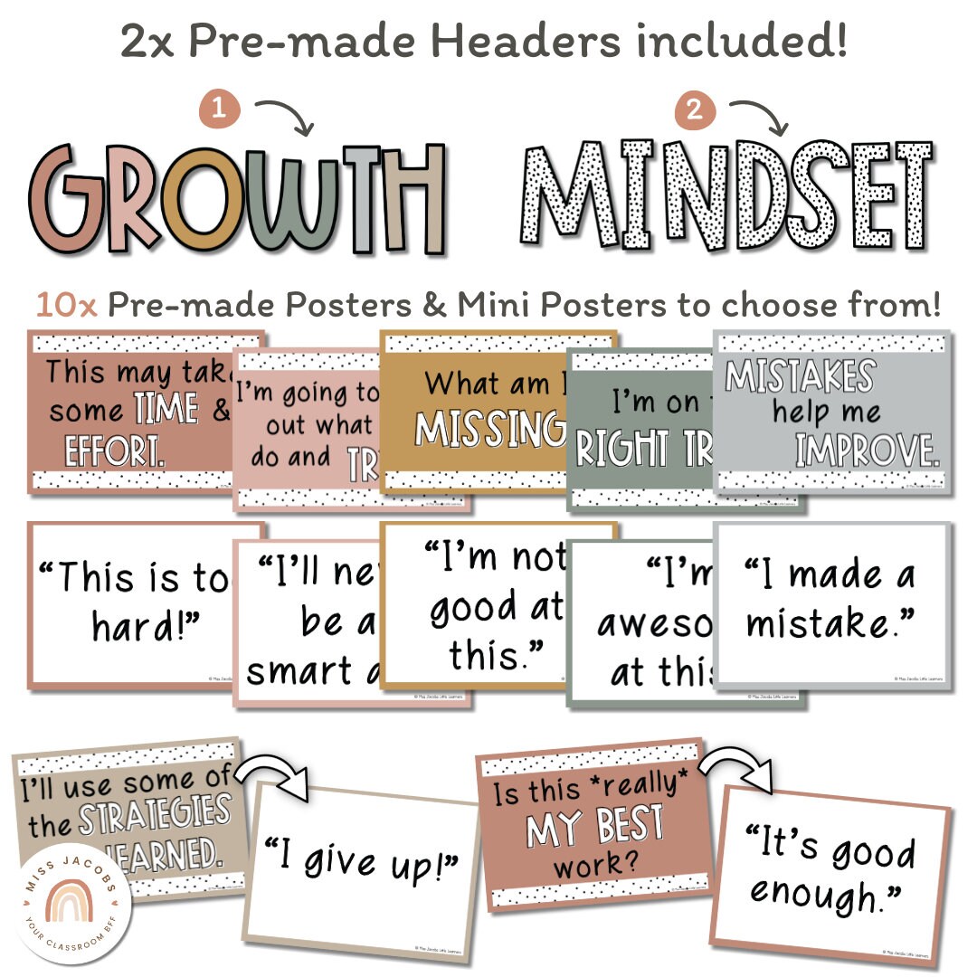 SPOTTY BOHO Growth Mindset Posters | Neutral Rainbow Classroom Decor ...