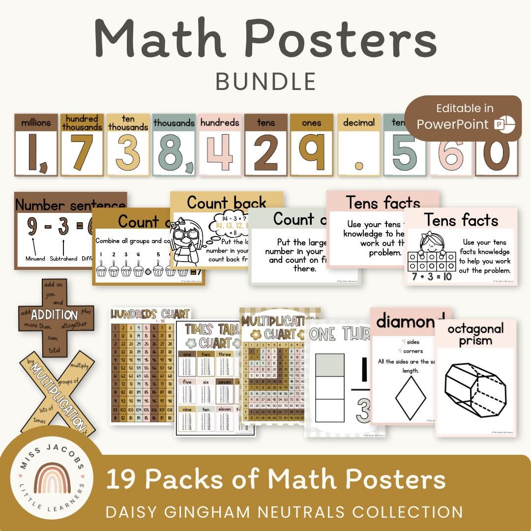Math Posters Bundle, 18 Packs of Customizable Math Displays, Neutral ...